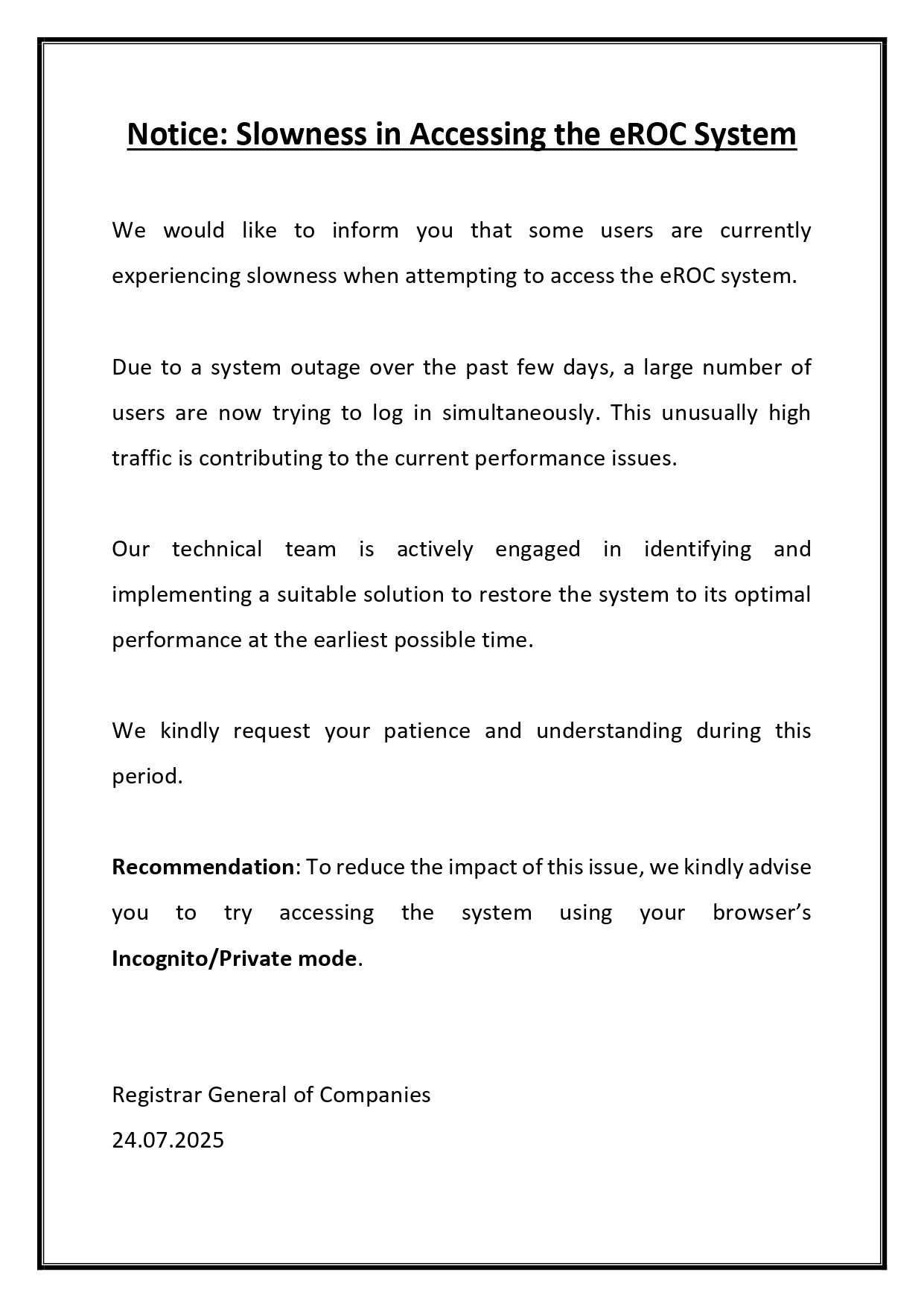 Notice – Slowness in Accessing the eROC System 2025/07/24 – Department ...